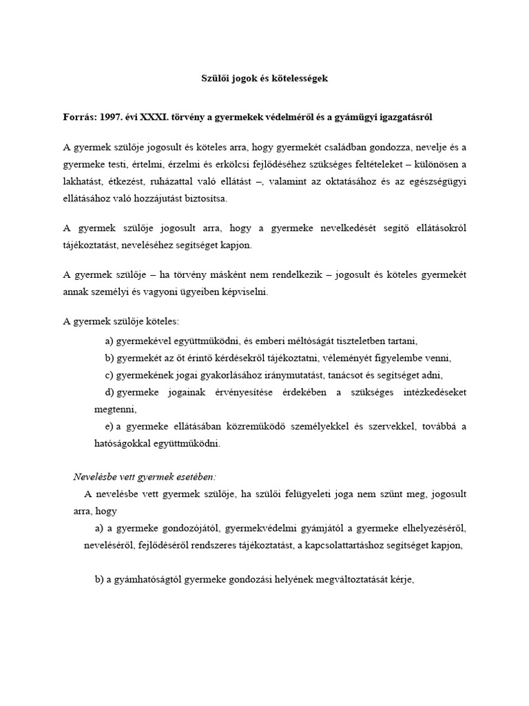 Gyermekek Védelmének Rendszere - Szülői Jogok És Kötelességek | PDF