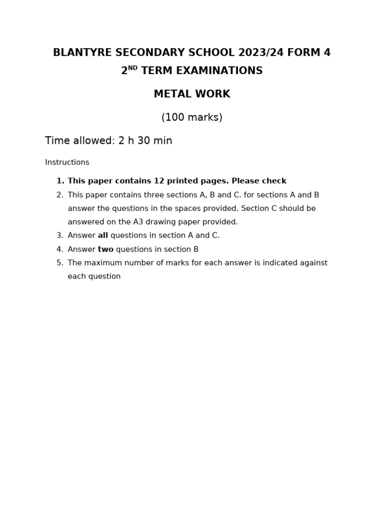 F4 2024 Metal Work Paper 1 1ST Term Exams | PDF | Mechanical ...