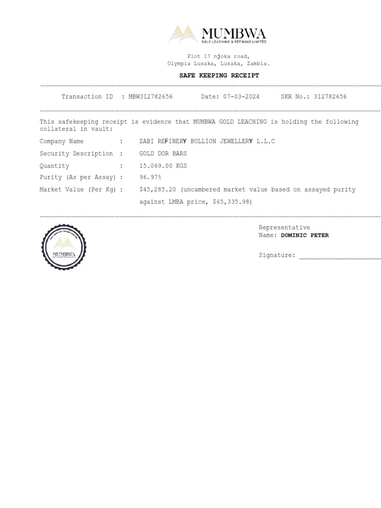 Safe Keeping Receipt: Plot 17 N Oka Road, Olympia Lusaka, Lusaka ...