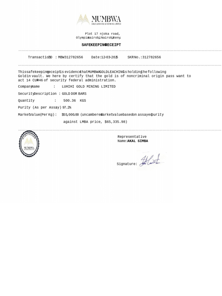 Mumbwa Gold Safekeeping Receipt | PDF