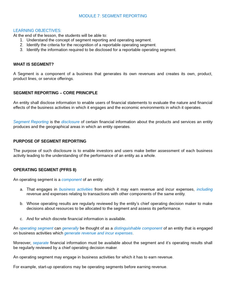 MODULE-7-SEGMENT-REPORTING-with-exercise-problem | PDF | Revenue | Expense