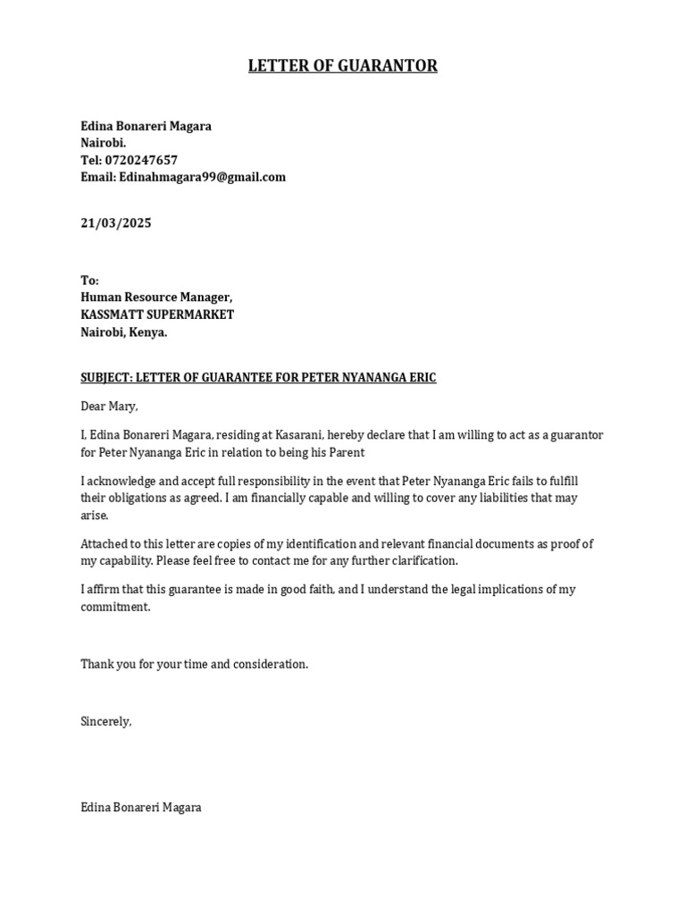 Guarantor Letter for Employment Support | PDF
