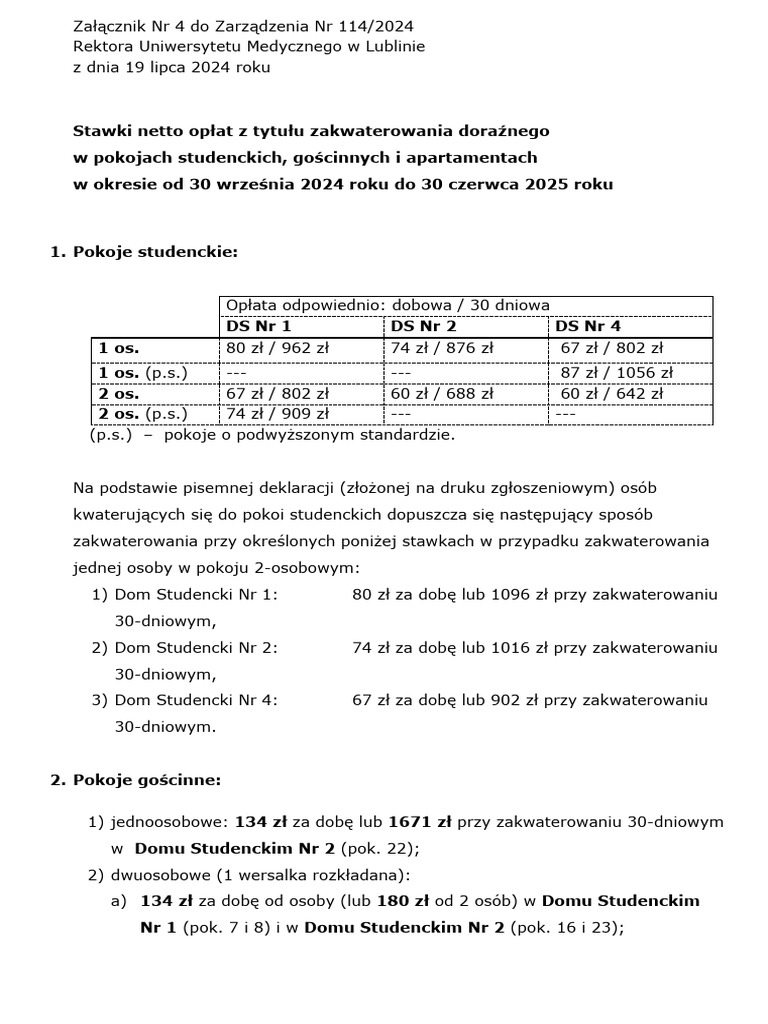 Zal NR 4 Do ZR 114 2024 W Sprawie Stawek Oplat Za Zakwaterowanie Dorazne | PDF