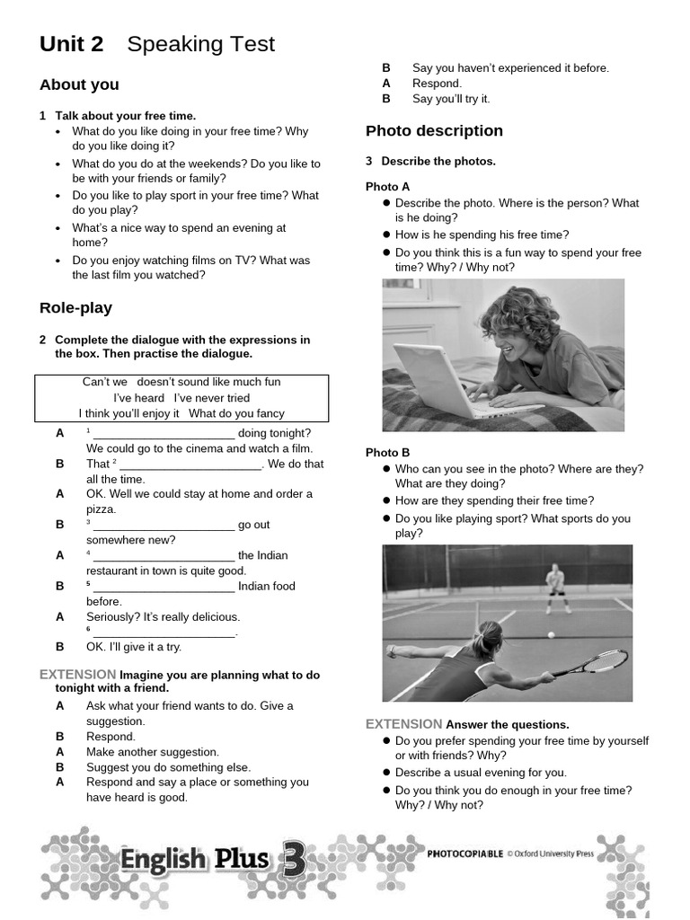 Speaking Test: Free Time Activities | PDF