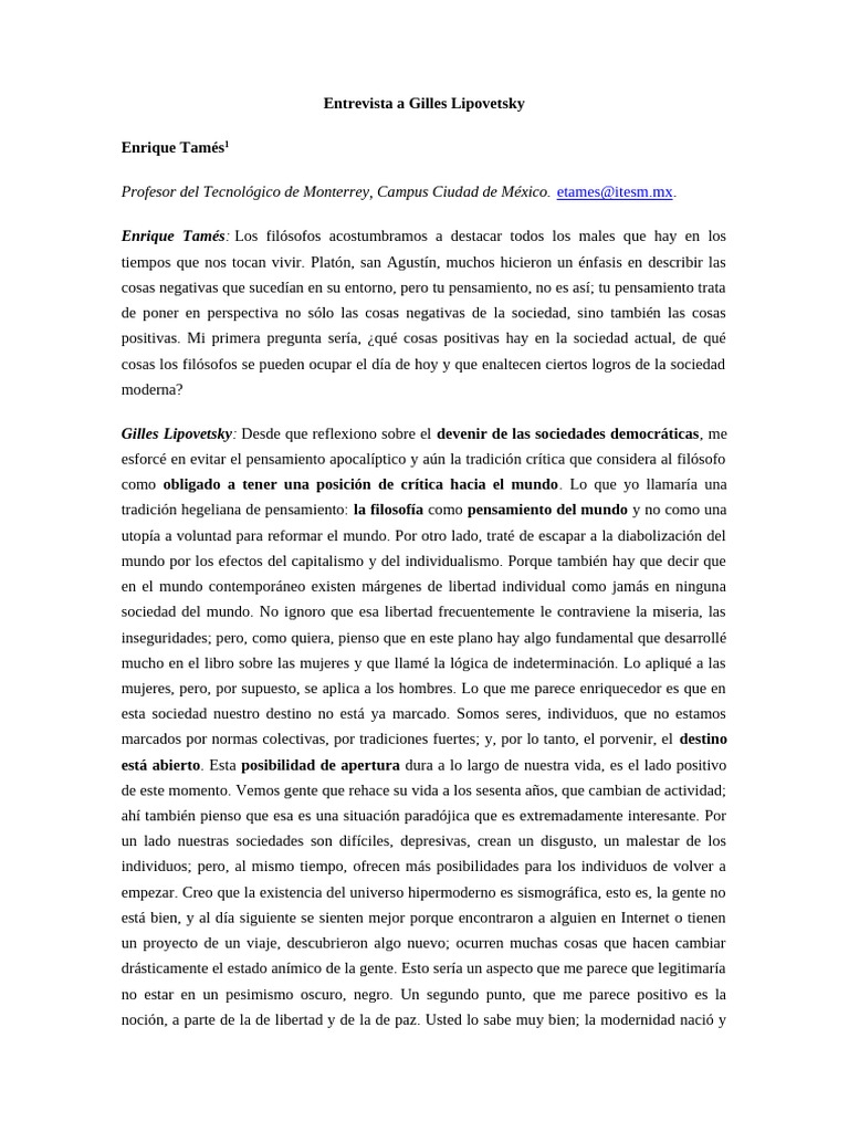 Reflexiones de Gilles Lipovetsky sobre la modernidad | PDF | Amor ...