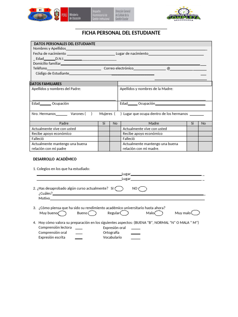 Ficha Personal Del Estudiante | PDF