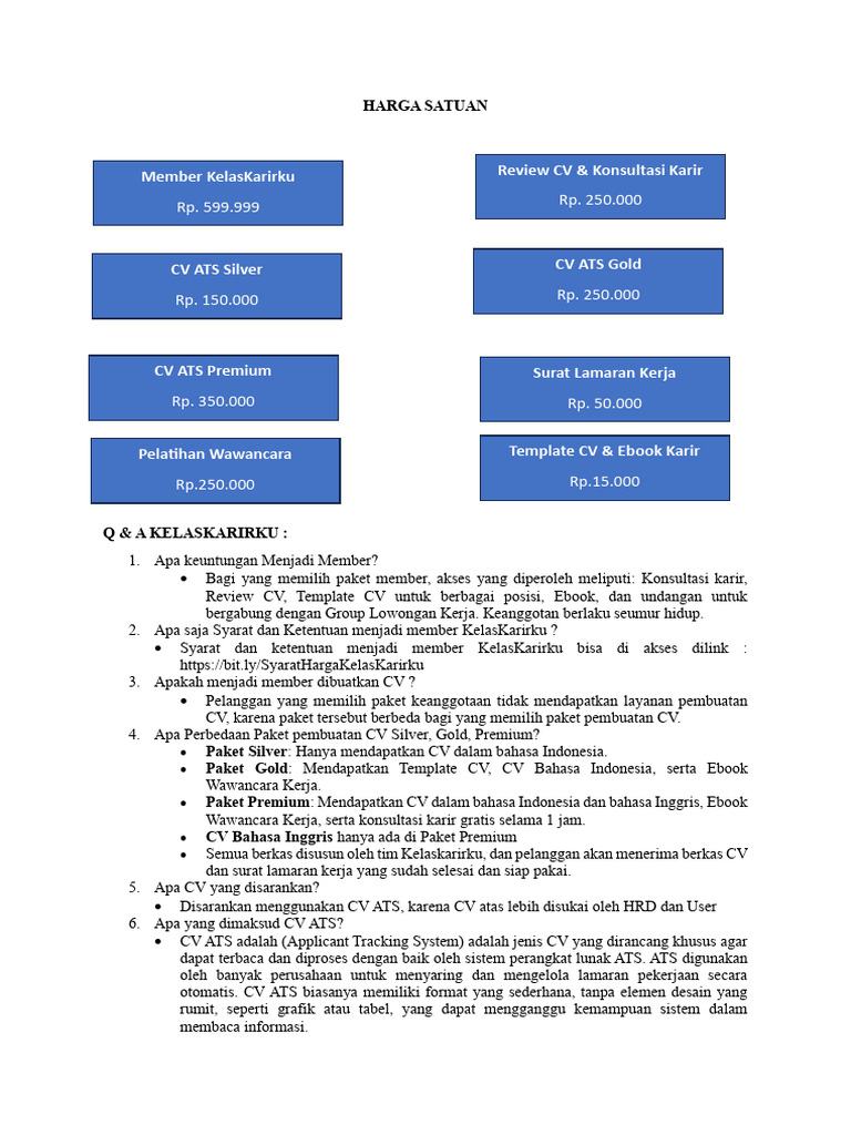 Harga Satuan Layan Kelaskarirku | PDF