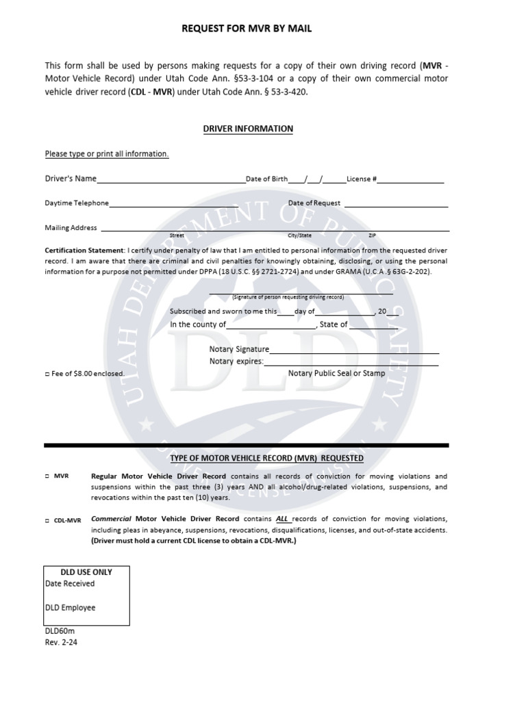Request For MVR by Mail: MVR CDL MVR Driver Information | PDF