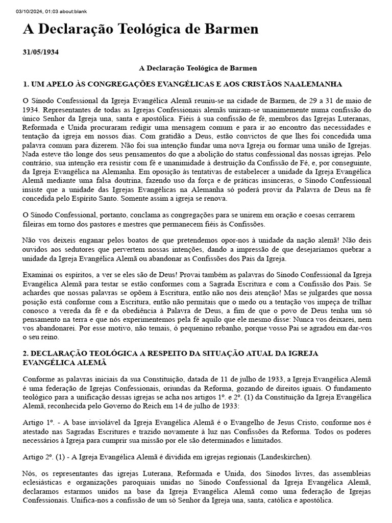 Declaração Teológica de Barmen 1934 | PDF | Protestantismo | Igreja cristã