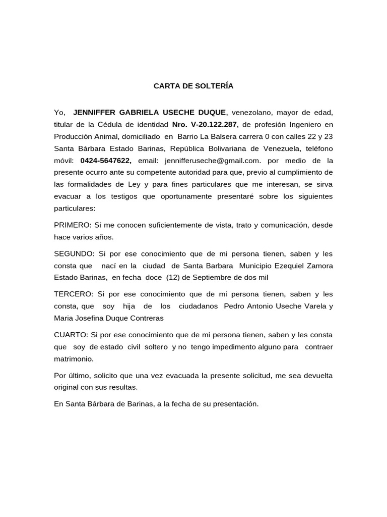 CARTA DE SOLTERIA PARA COLOMBIA MODELO | PDF | Venezuela