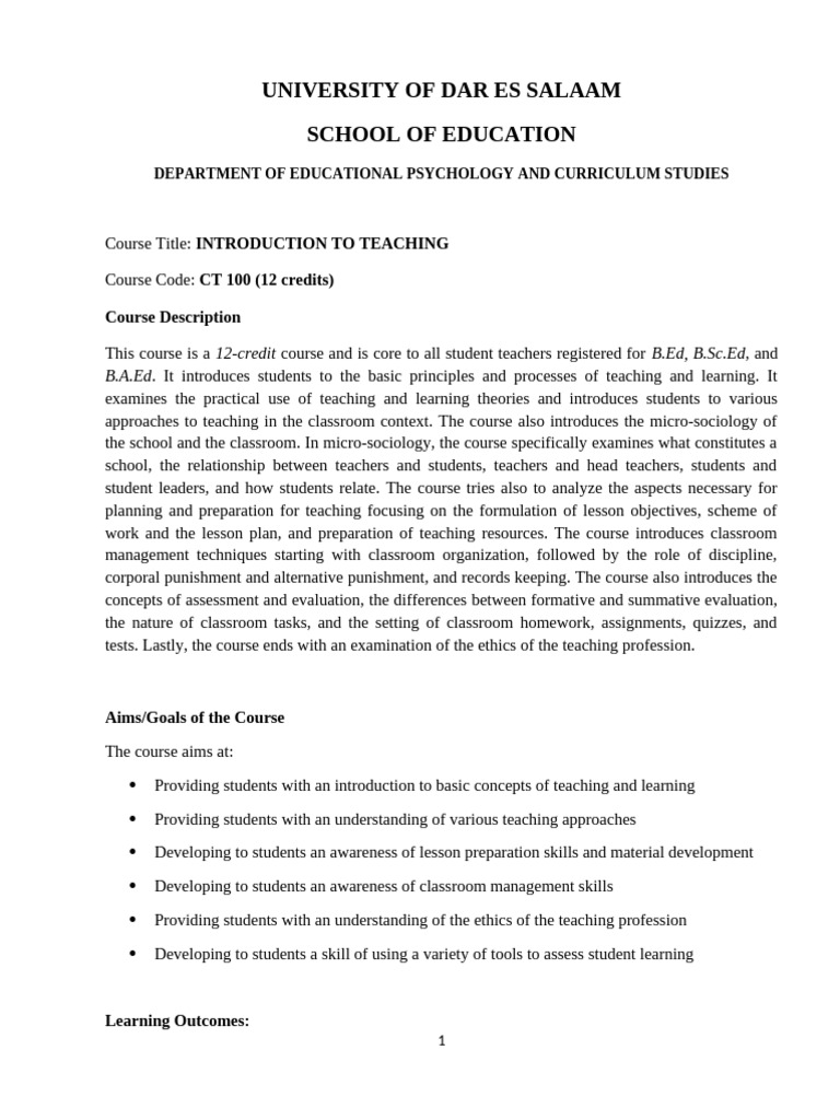 CT 100: Introduction to Teaching Course | PDF | Learning | Teachers
