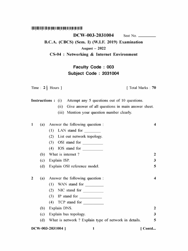 Bca Sem-1 (Remi-2019) August-2022cs-04 Networking & Internet Environment | PDF