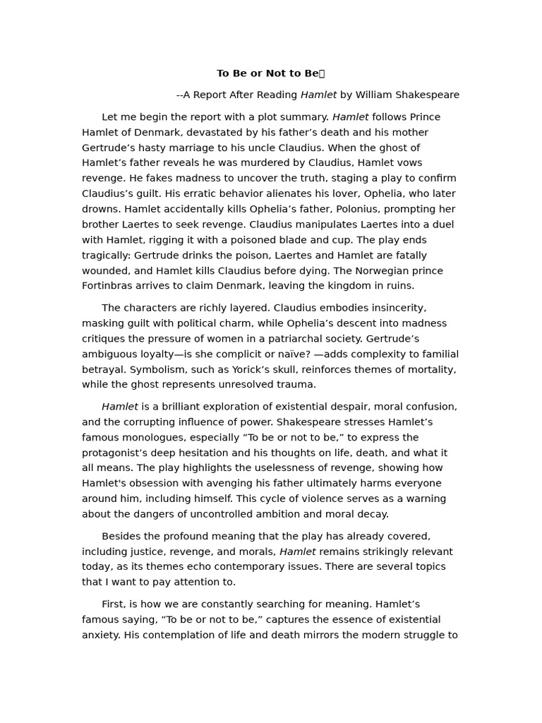 To Be or Not To Be - A Report After Reading Hamlet by William ...