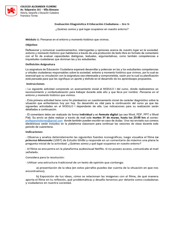 Evaluación Diagnóstica II Educación Ciudadana 3ro Medio A | PDF ...