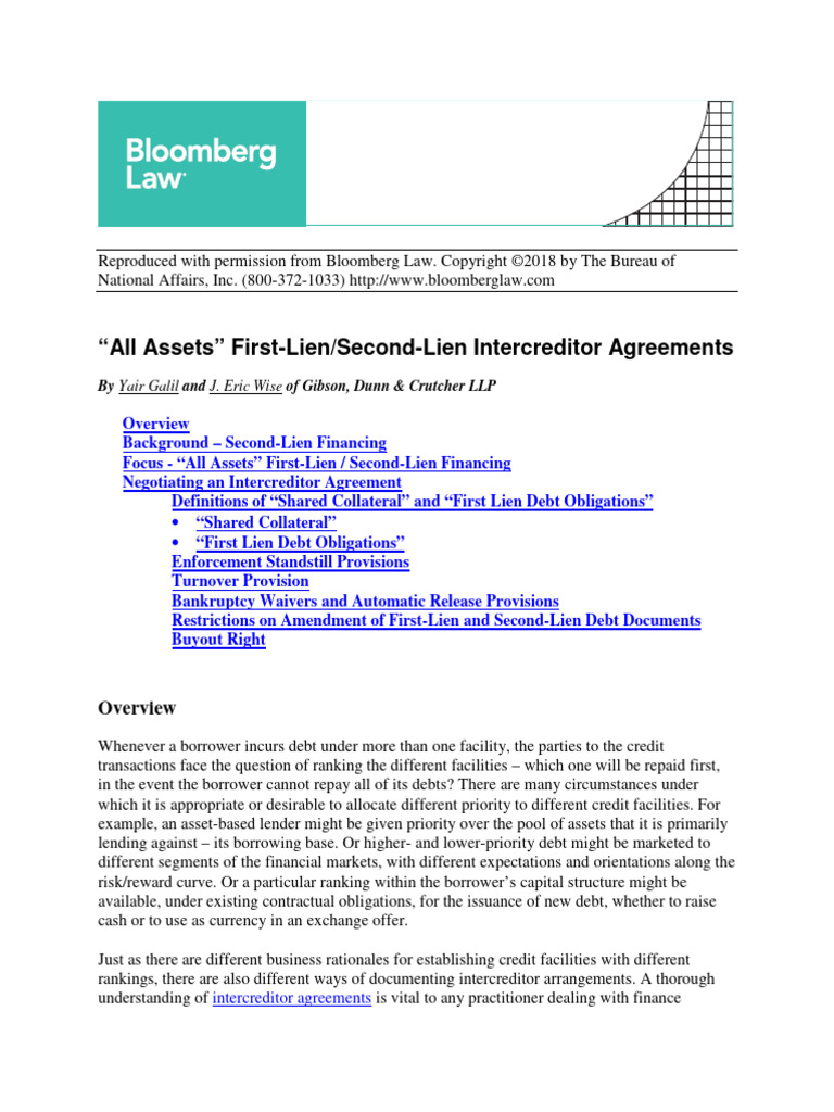 Galil Wise All Assets 1st Lien 2nd Lien Intercreditor Agreements Bloomberg Law 3 7 2018 | PDF ...