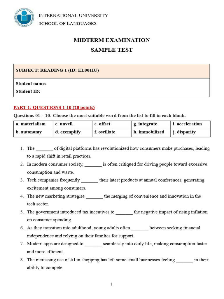 Midterm Exam Sample for Reading 1 | PDF | Sustainability