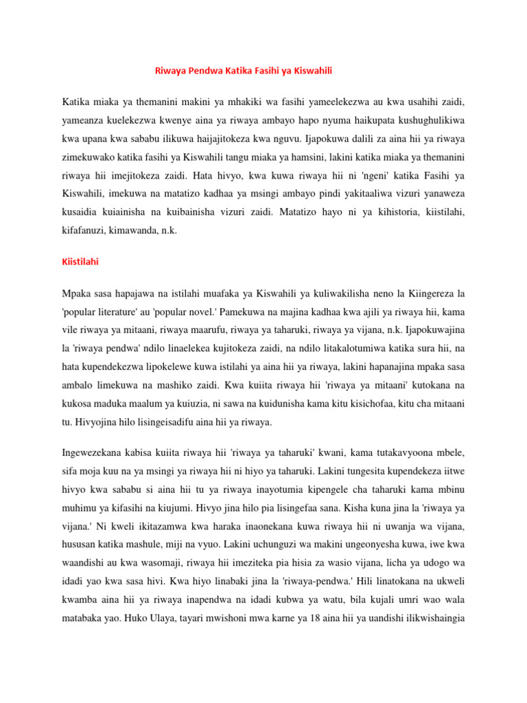 Riwaya Pendwa Katika Fasihi Ya Kiswahili | PDF