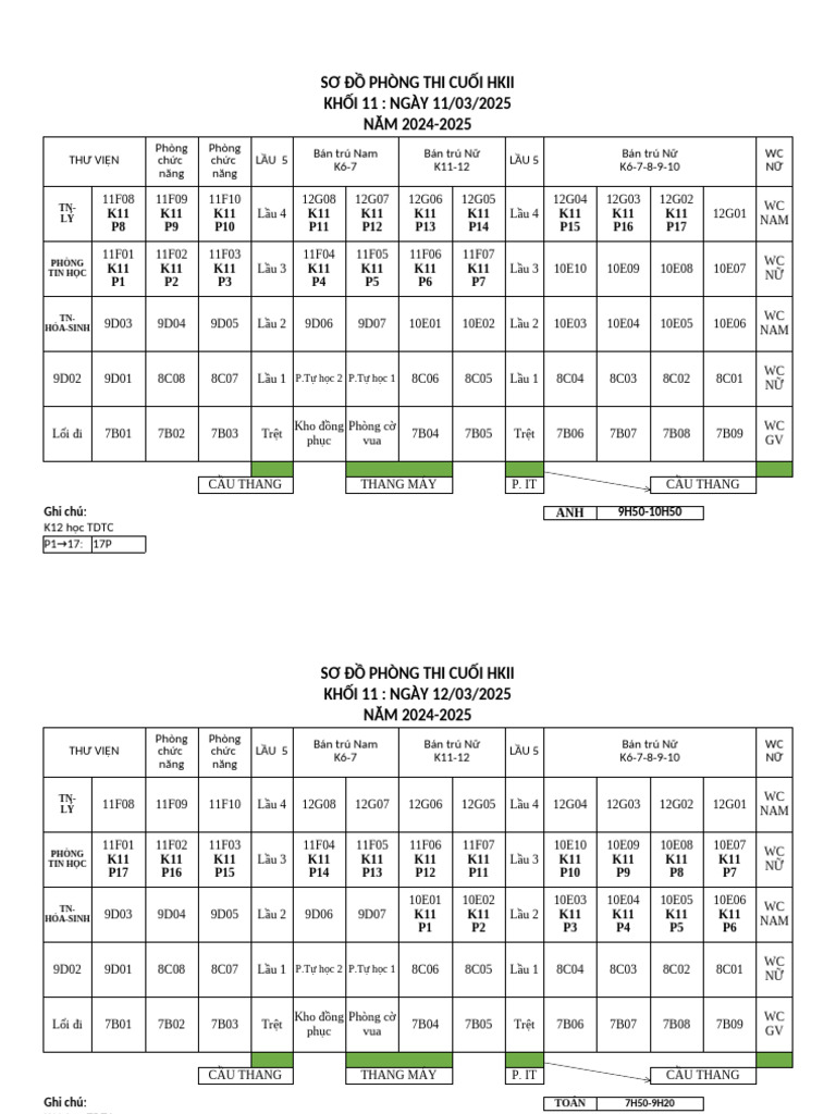 Sơ Đồ Phòng Thi Cuối Hkii KHỐI 11: NGÀY 11/03/2025 NĂM 2024-2025 | PDF