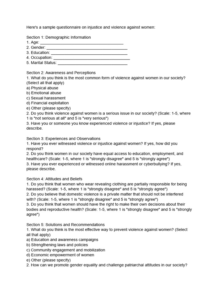 Questionnaire On Violence To Women | PDF | Violence | Violence Against ...
