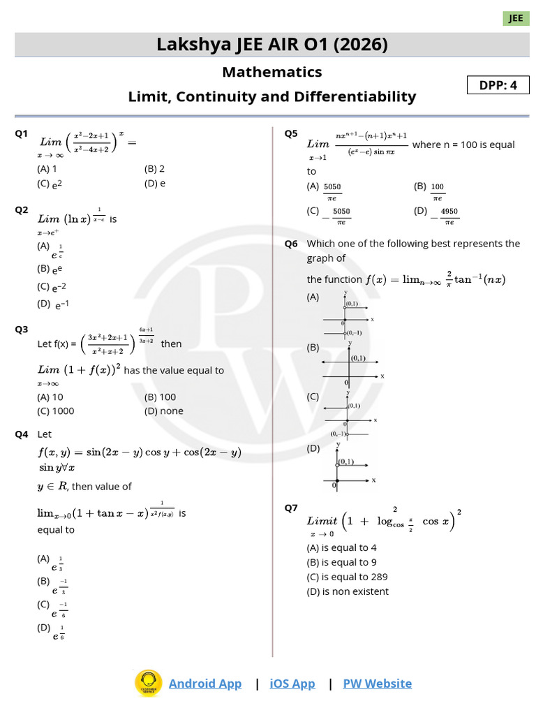Limits, Continuity & Differentiability _ DPP 04 __ Lakshya JEE AIR O1 (2026) | PDF | Mathematics