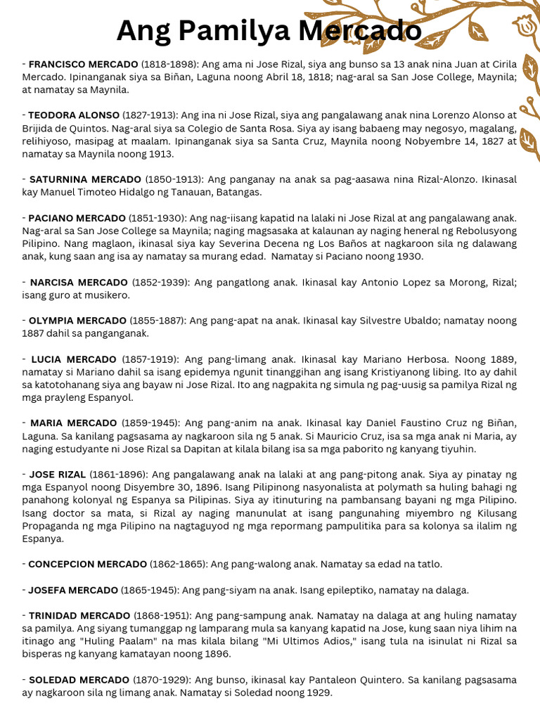 Pamilya Mercado (Jose Rizal Family) | PDF