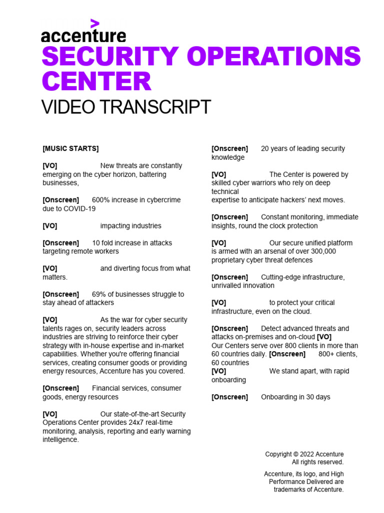 Accenture Security Operations Center Transcript | PDF | Cyberwarfare | Security