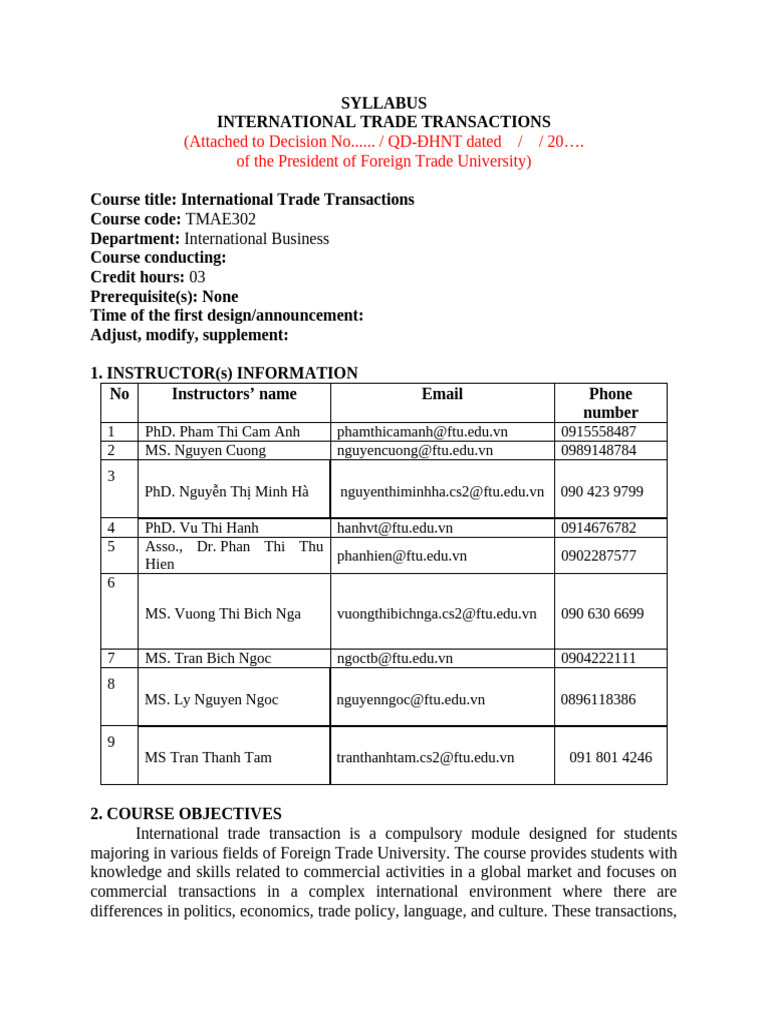 International Trade Transactions Syllabus | PDF | Learning | Knowledge