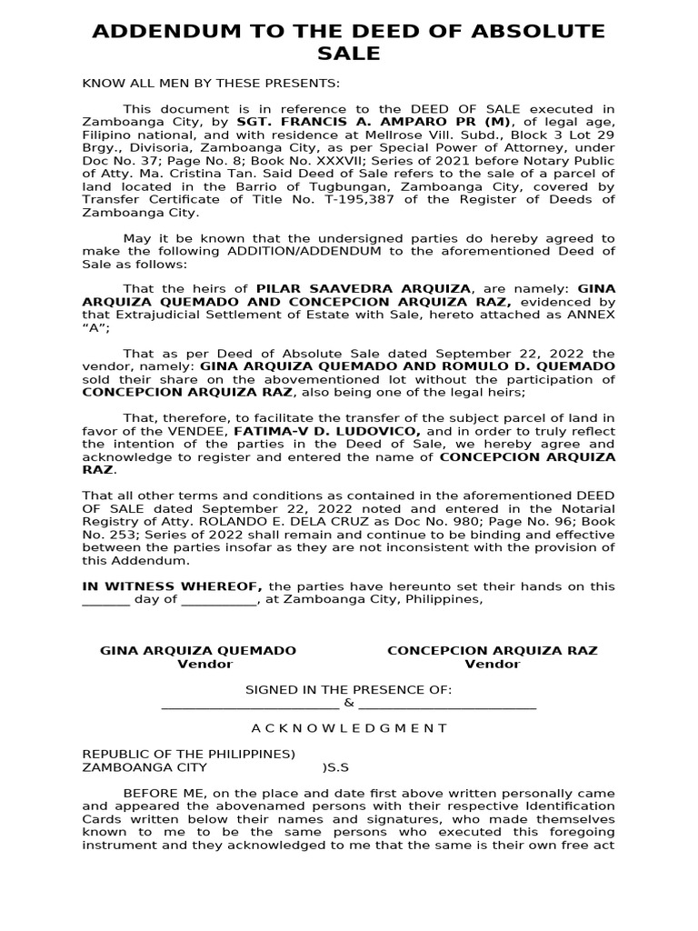 Addendum To The Deed of Absolute Sale-Arquiza | PDF | Private Law ...