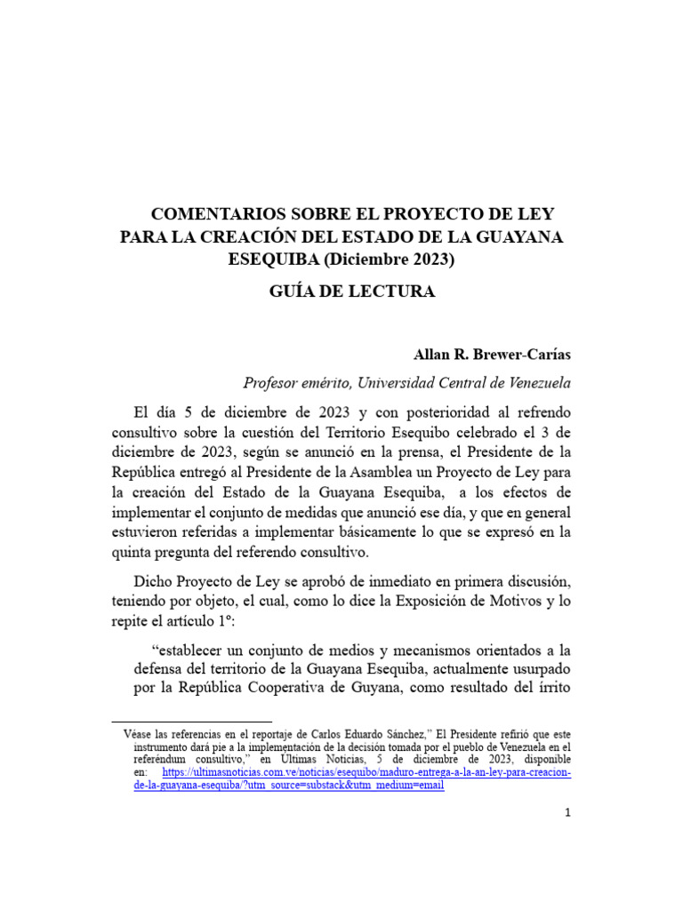 Brewer Carias. Sobre El Proyecto de Ley para La Creacion Del Estado de ...