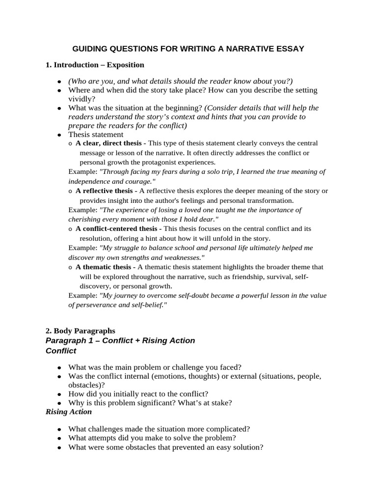 Section 2 - GUIDING QUESTIONS FOR WRITING A NARRATIVE ESSAY | PDF ...