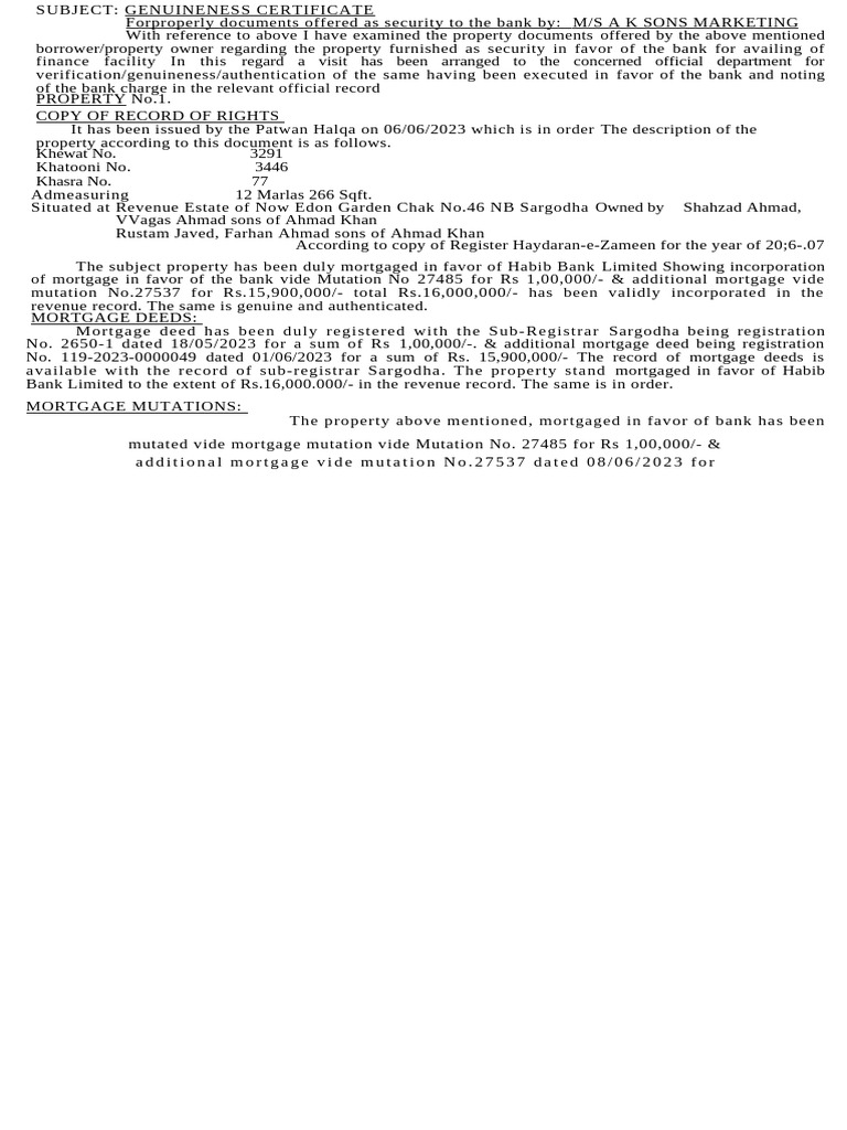 Genuineness Certificate for Property Mortgage | PDF