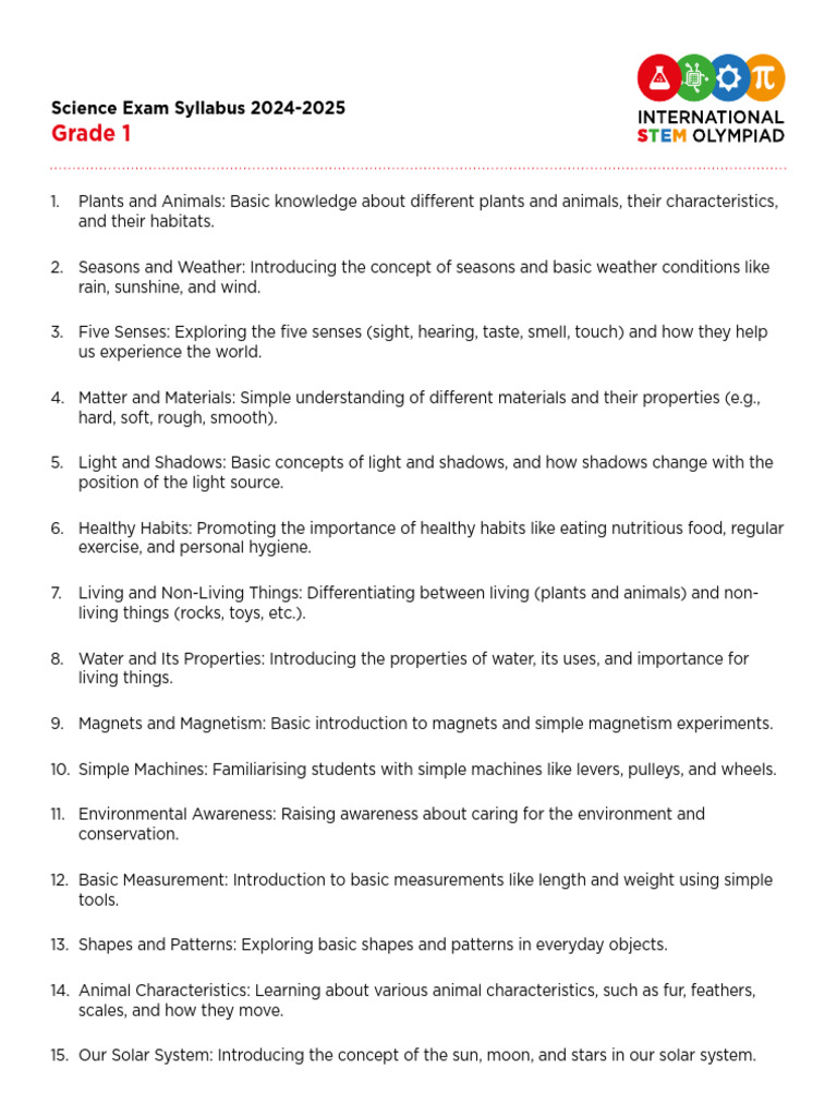 Grade 1 Science Syllabus 2023 | PDF