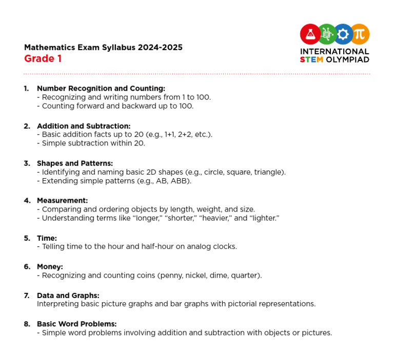 Grade 1 Mathematics Syllabus 2024-2025 | PDF