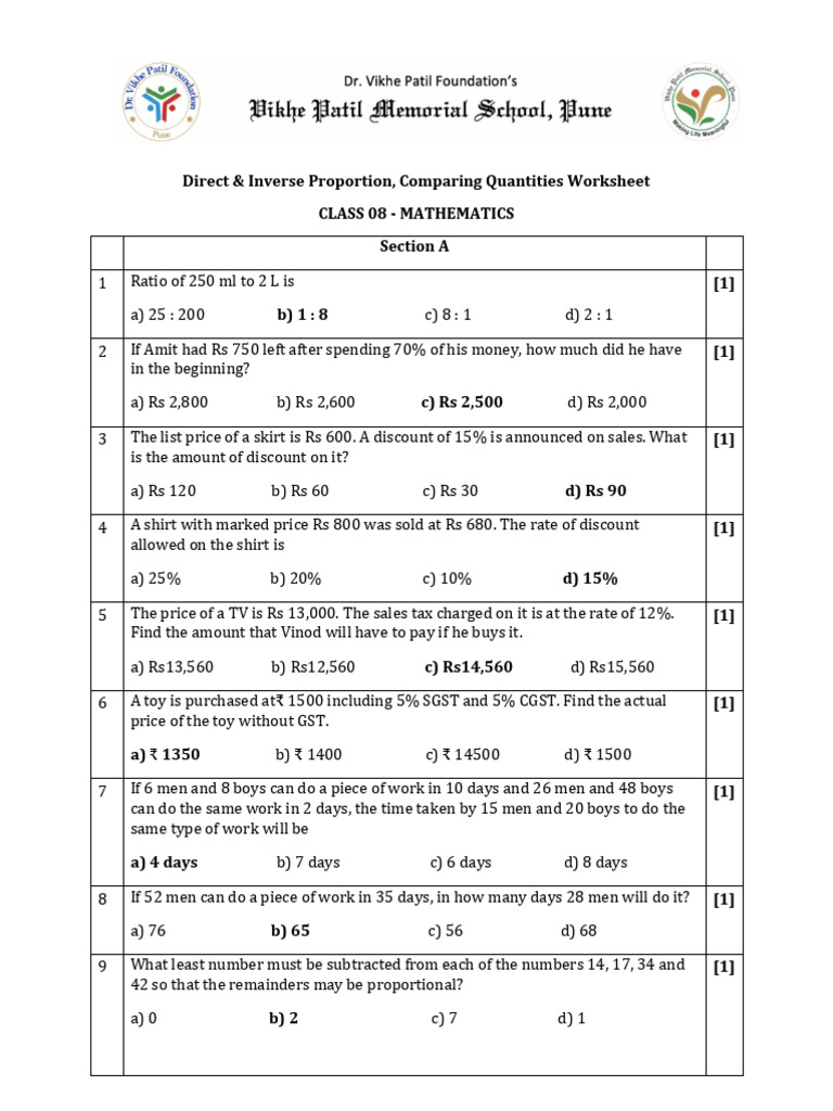 VIII - Div C_Maths_Grade 8 UT2 Worksheet Direct & Inverse Proportion ...