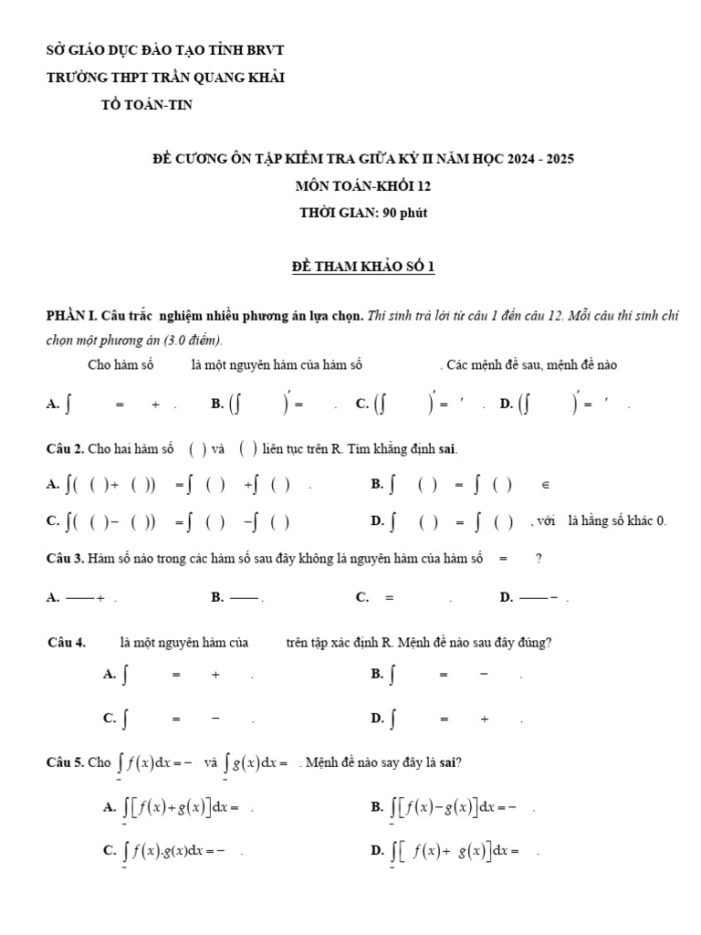 De Cuong Giua Ky 2 Toan 12 Nam 2024 2025 Truong THPT Tran Quang Khai BR VT | PDF