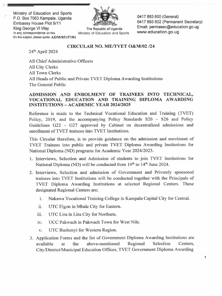 TVET 2024 Diploma Admissions Official Circular | PDF