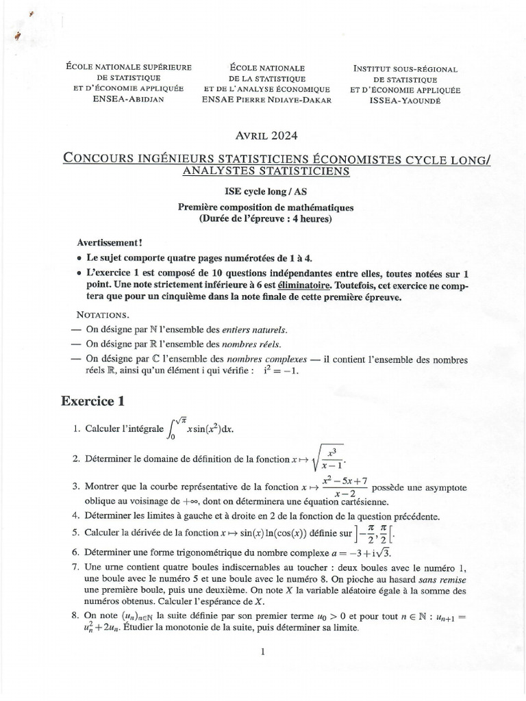 Epreuve de Concours ISE Cycle Long - AS - Sujet de Math - Comp1 2024 | PDF