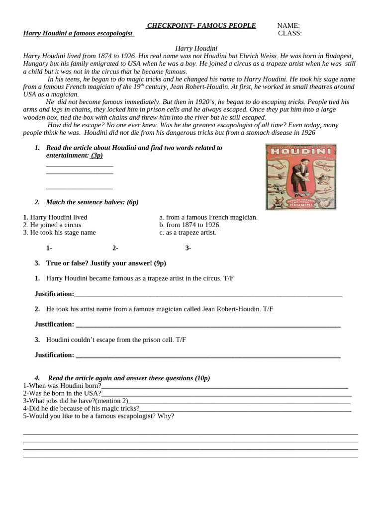 Famous People Harry Houdini Reading Comprehension Exercises - 95003 ...