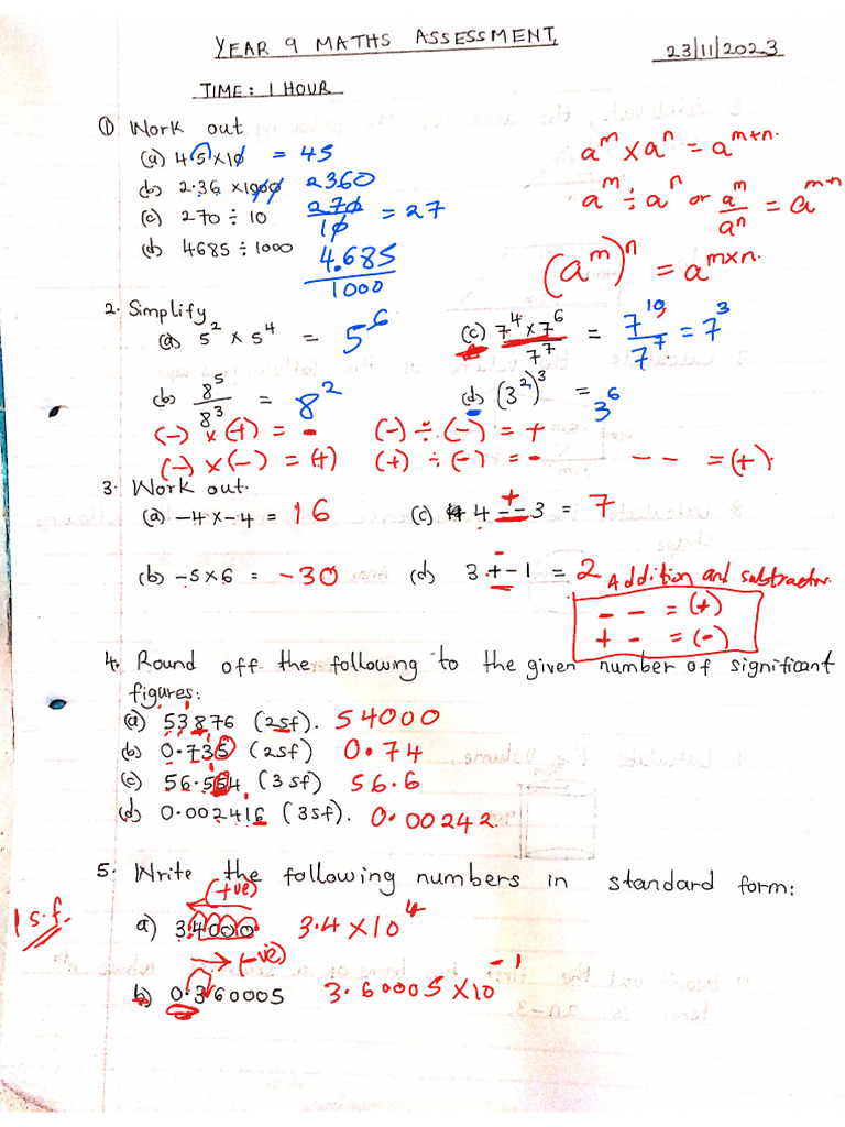 Year 9 Maths Assessment Answers | PDF
