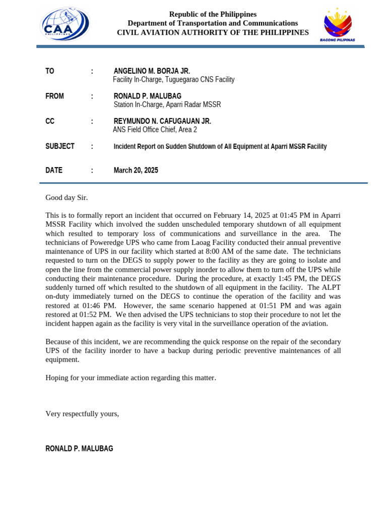 Aparri MSSR Facility Incident Report | PDF