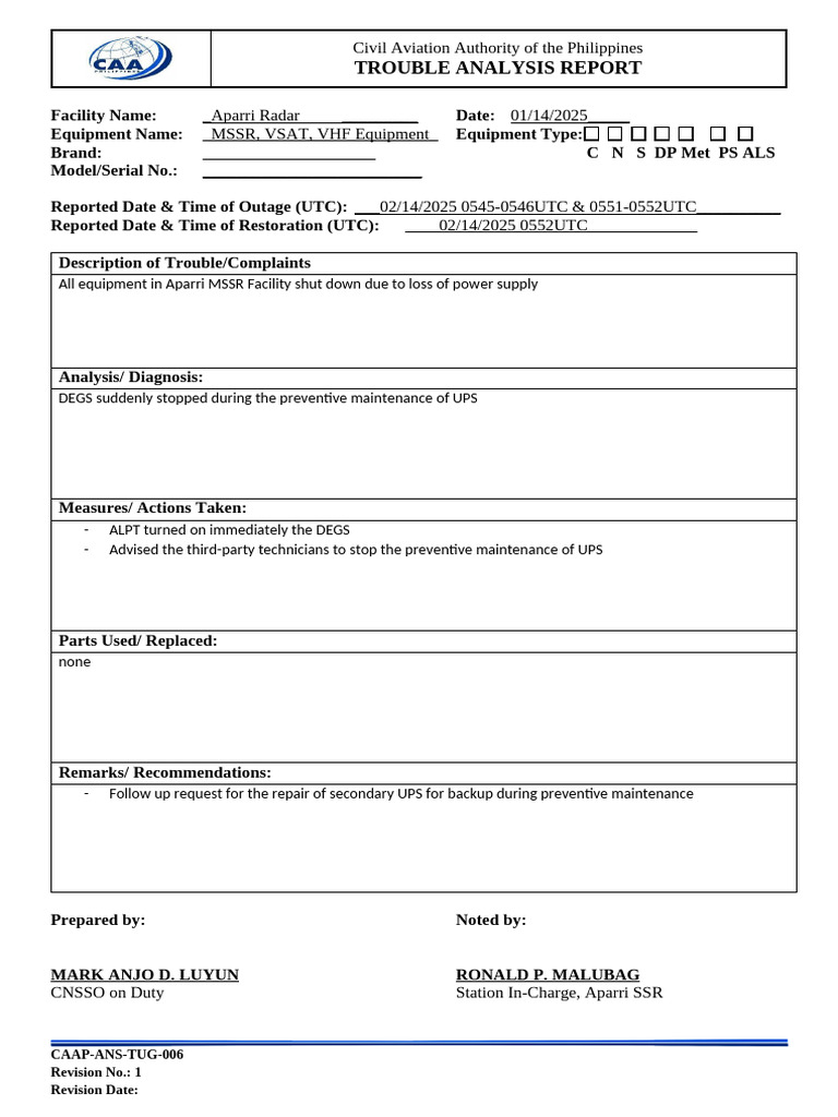 MSSR Maintenance Report - Aparri 2025 | PDF
