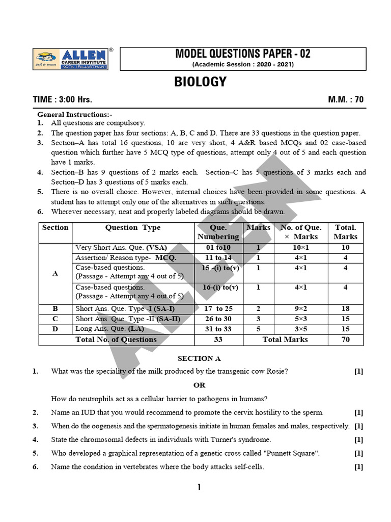 Allen - Subjective - Question Paper1 | PDF | Testicle | Reproductive System