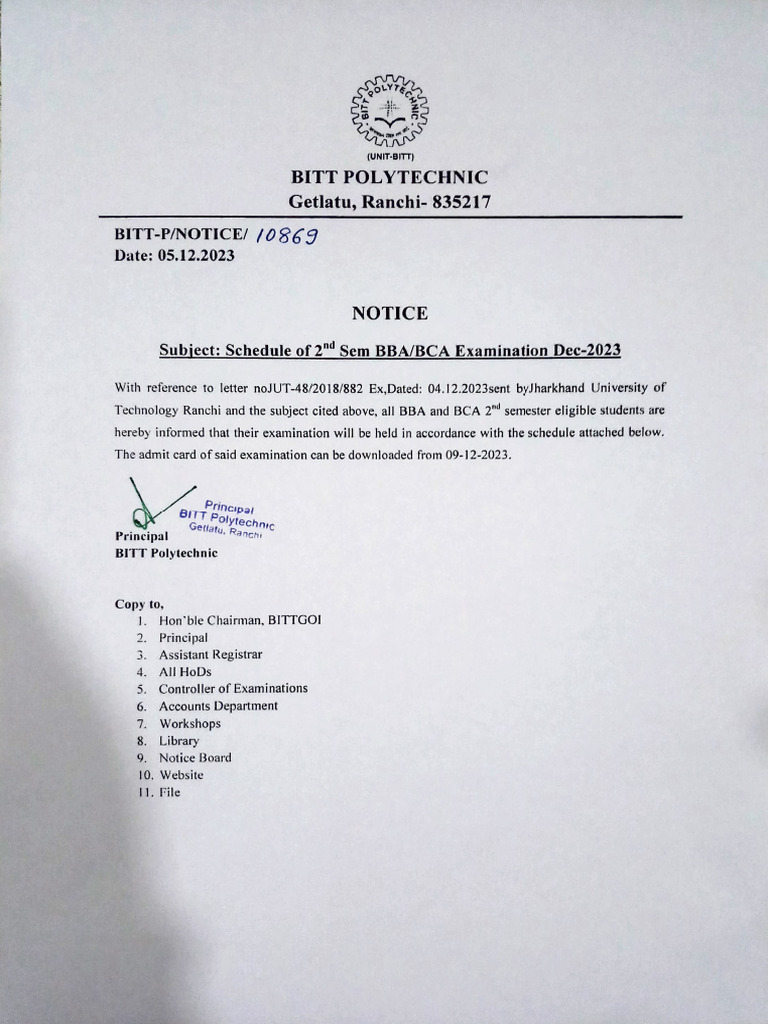 BBA BCA 2nd Semester Exam Schedule 2023 | PDF