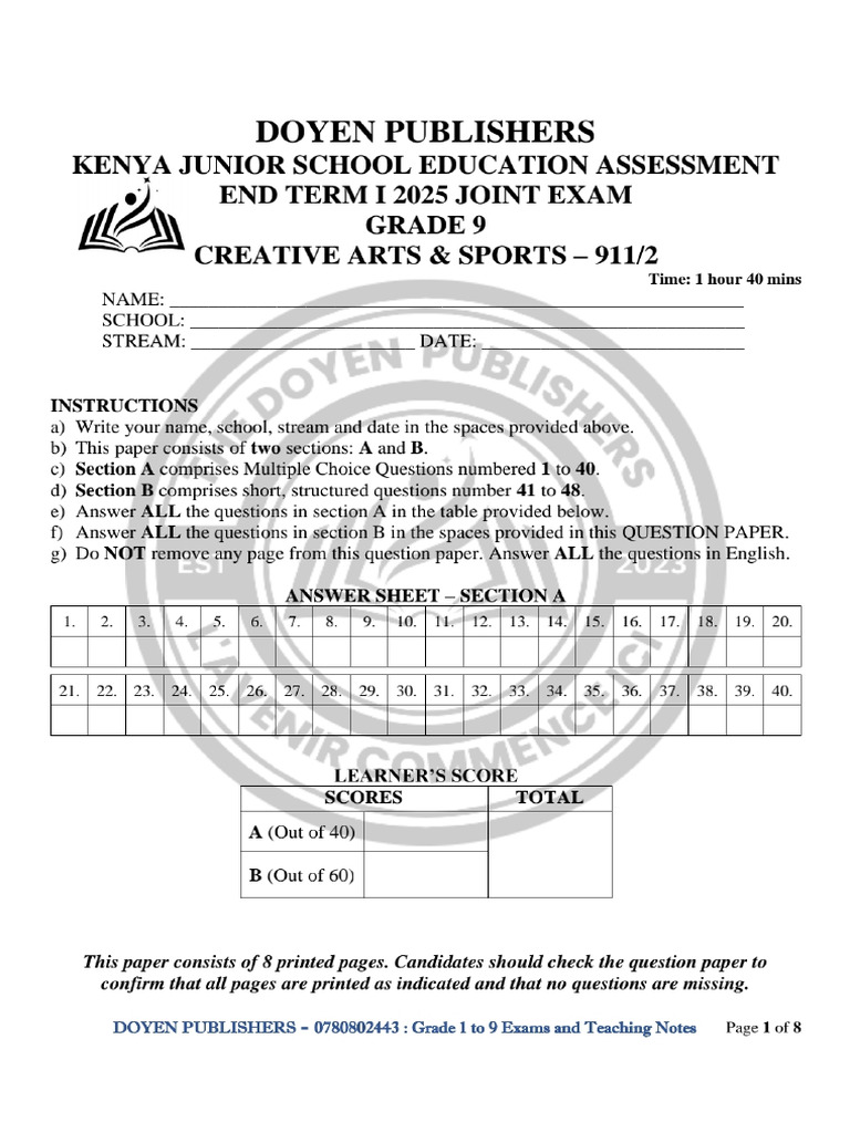 Grade 9 Creative Arts PP2 End Term 1 2025 Exam | PDF