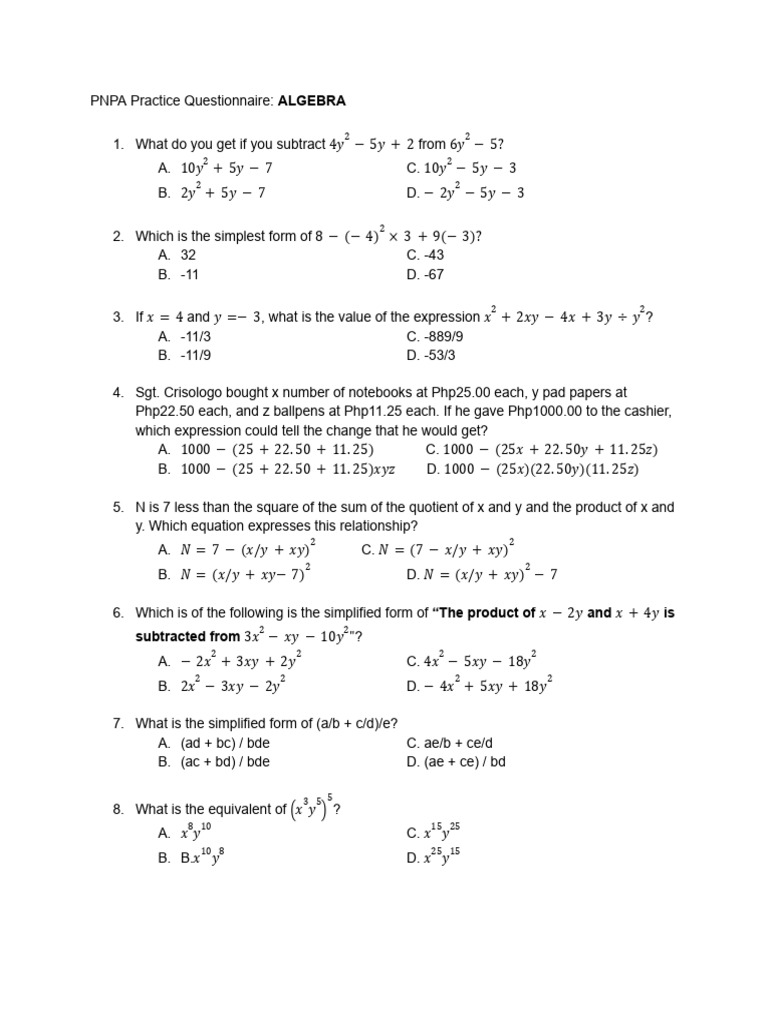 PNPA Algebra Math Reviewer | PDF | Abstract Algebra | Mathematical Concepts