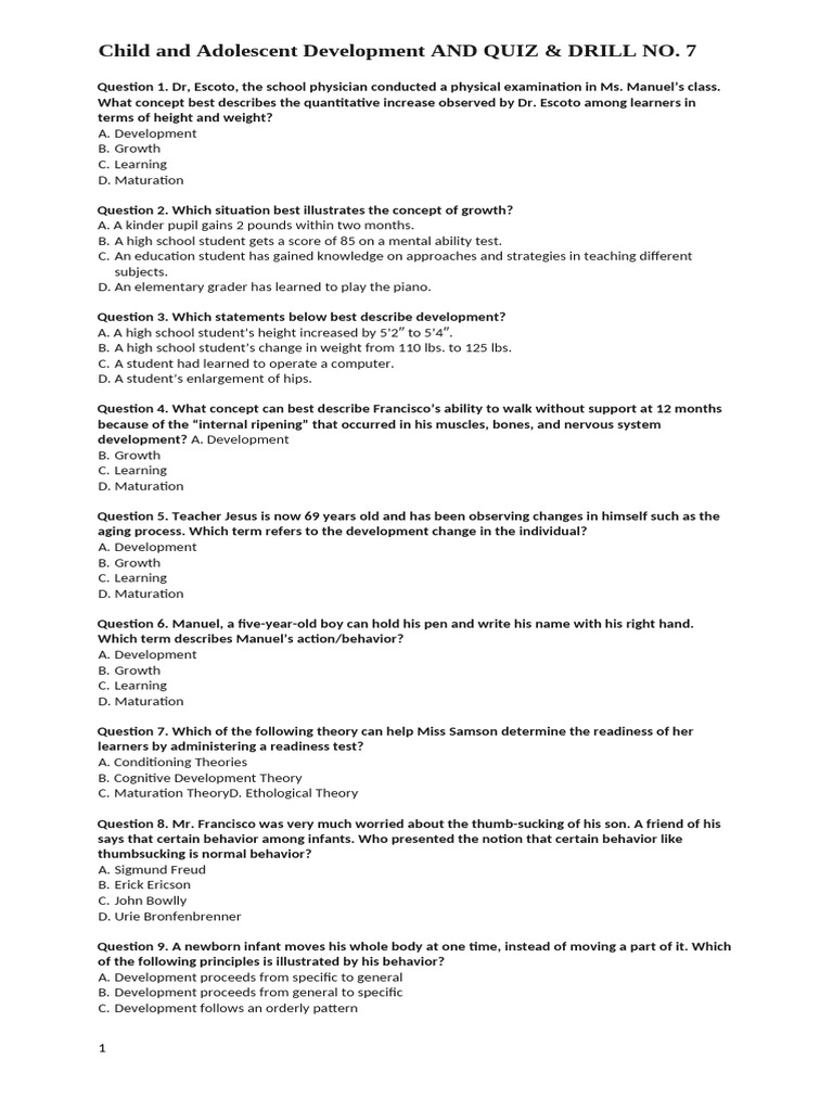 QUIZ-AND-DRILL-NO.-7-CHILD-AND-ADOLESCENT_113510 (1) | PDF | Thought ...