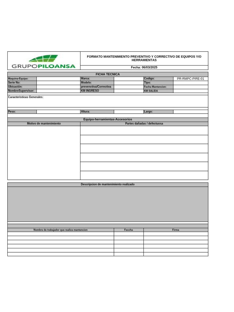 Formato Mantenimiento Preventivo y Correctivo de Equipos o Herramientas | PDF