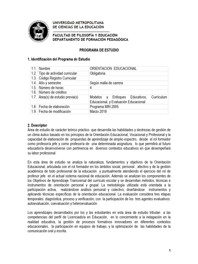Programa Estudio Orientaci N Educacional | PDF | Plan de estudios | Maestros