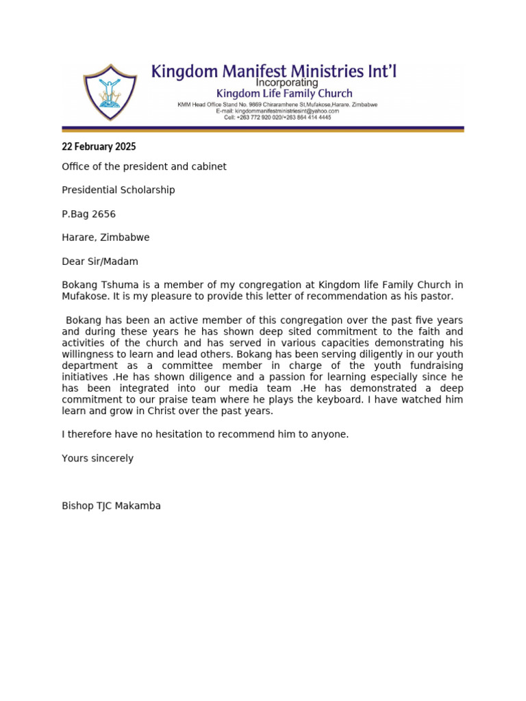 Recommendation for Bokang Tshuma | PDF