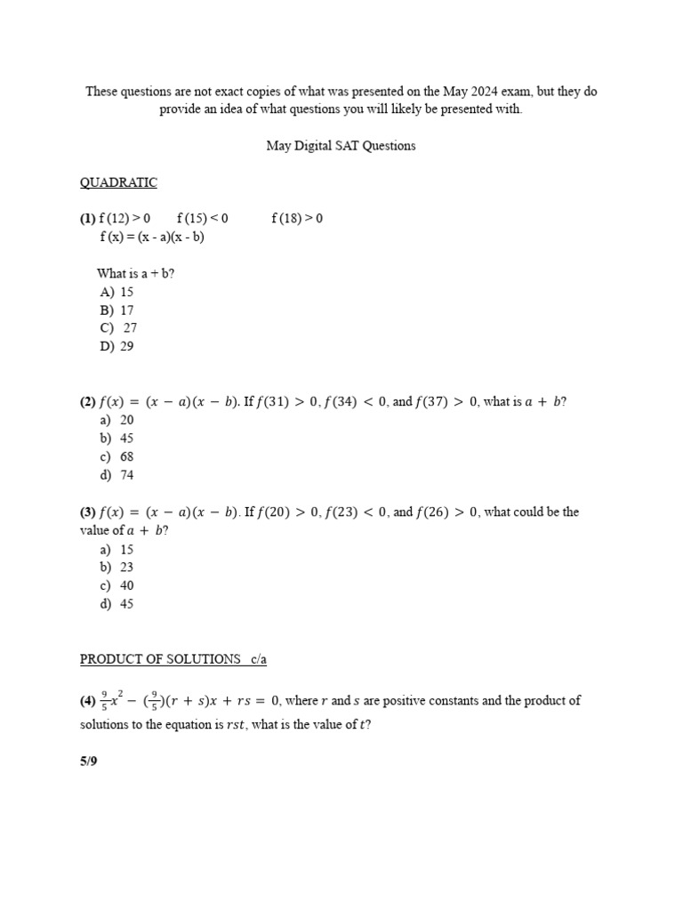 AGAIN UPDATE - May Digital SAT Questions (Formatted) | PDF | Area | Mathematical Concepts